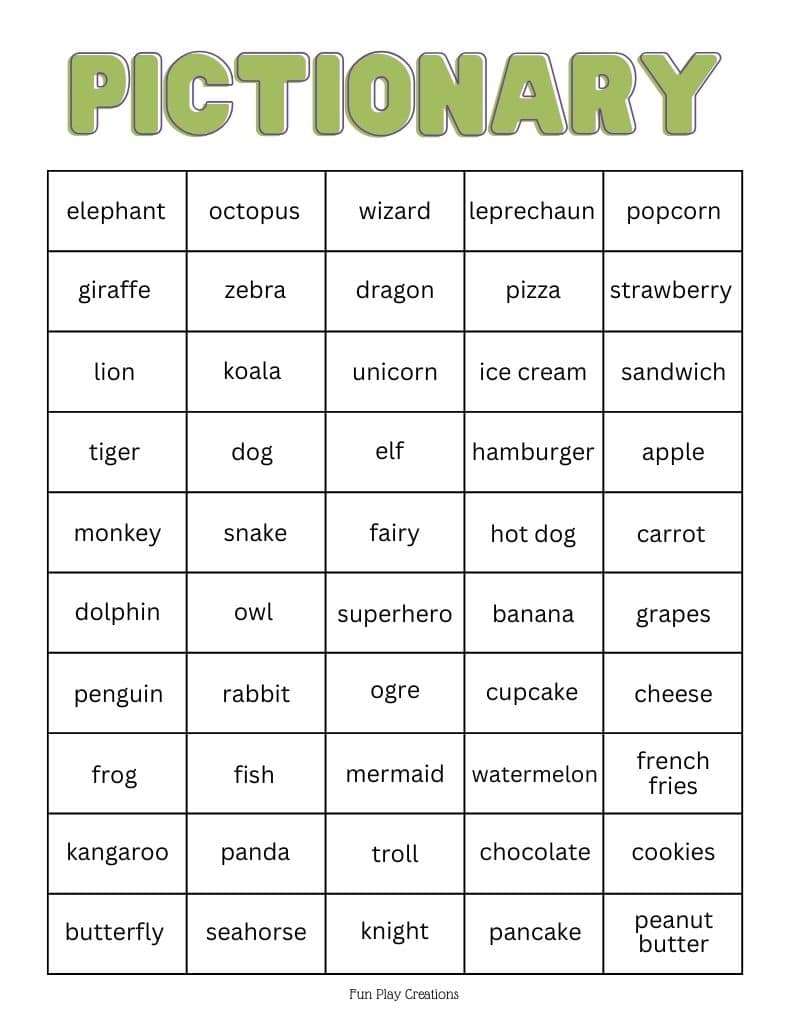 200 Pictionary Words for Kids (Free Printable)